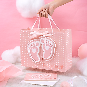 LeZakaa 13" Pink Gift Bags with Tissue Paper, Gift Card, Foot Print and Baby Girl Lettering Design for Baby Shower
