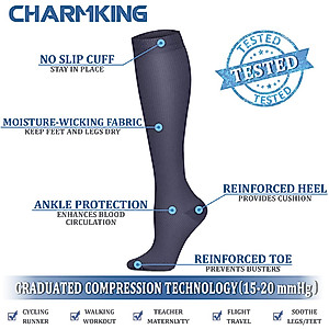 CHARMKING Compression Socks for Women & Men (8 Pairs) 15-20 mmHg Graduated Copper Support Socks are Best for Pregnant, Nurses - Boost Performance, Circulation, Knee High & Wide Calf (L/XL, Multi 44)