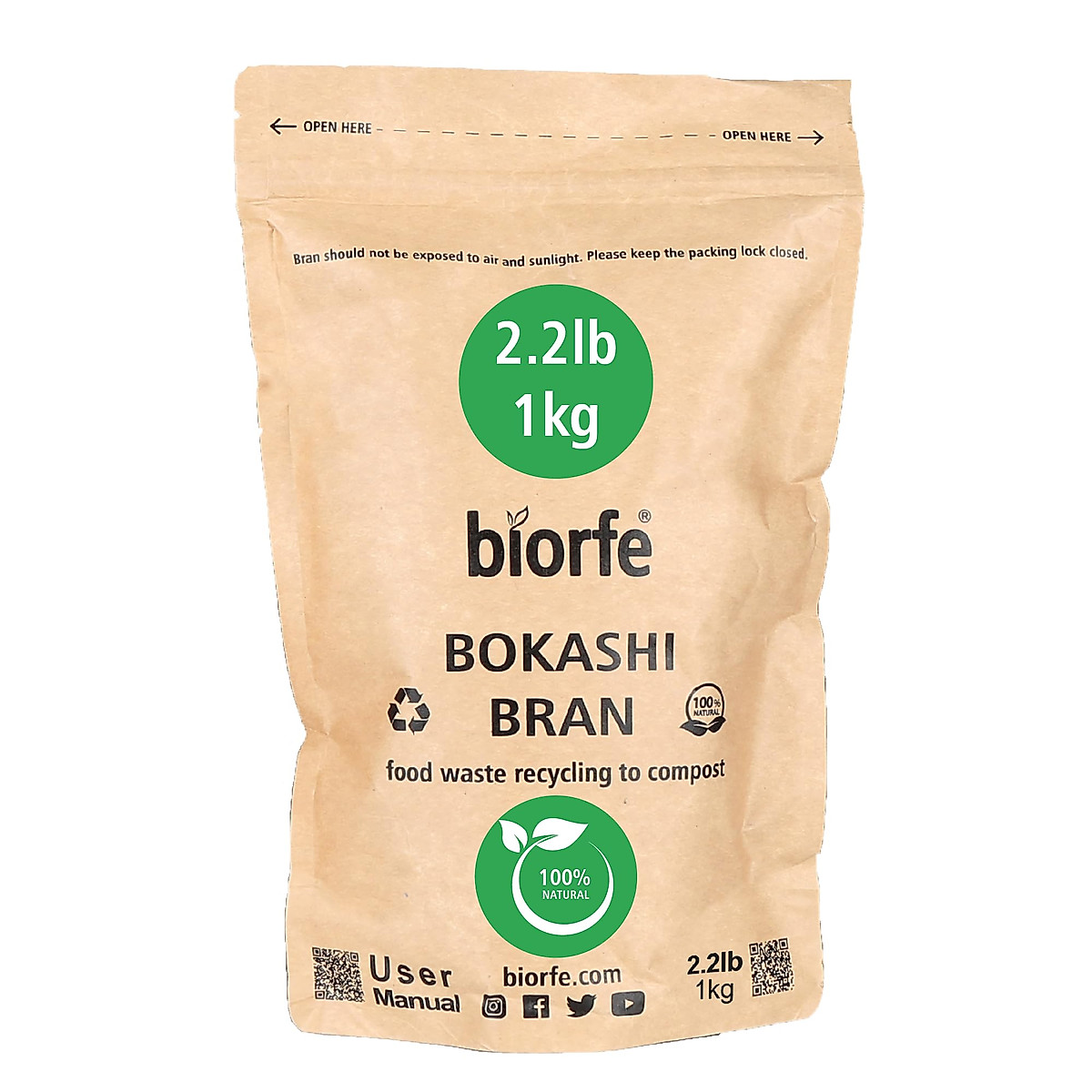 Biorfe Organic Bokashi Bran for Quick and Easy Composting 2.2 lbs, All-Season Compost Starter for Indoor Compost Bin, No-Odor Accelerator for Kitchen Composter