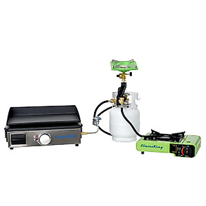 Flame King FK-DTMINI Mini 3-Port Distribution Tree for Camping, Connects 1-lb Appliances to a Standard Propane Tank, Perfect for Lanterns, Stoves, Heaters, and Grills, Black & Gold