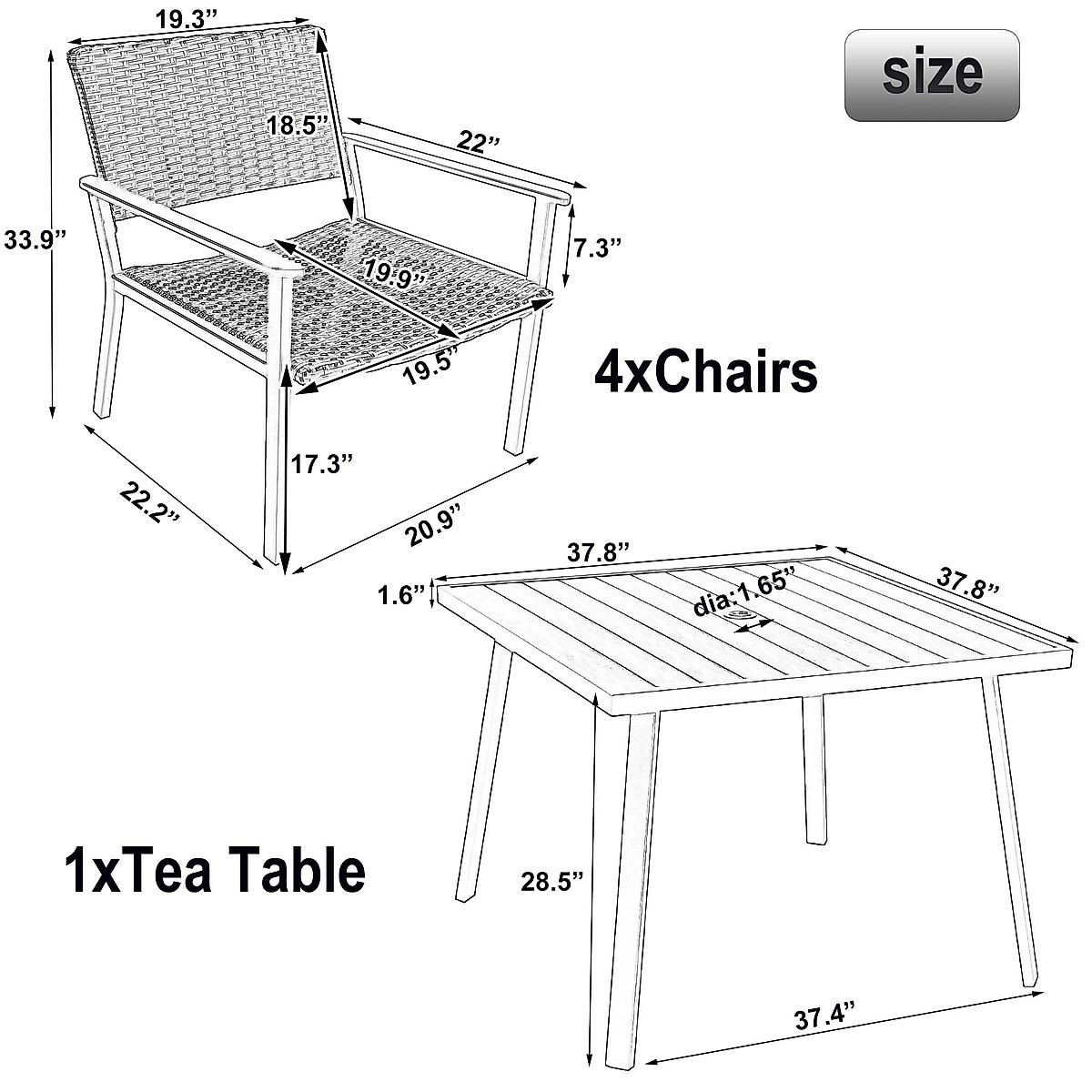Quarte Patio 5-Piece Dining Table Furniture Set,Outdoor PE Wicker Conversation Set with Umbrella Hole and 4 Dining Chairs,for Porch Lawn Garden Backyard Poolside