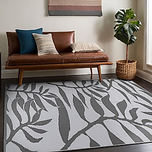 Beverly Rug Floral Leaf Outdoor Rugs 6x9 Waterproof Reversible Plastic Straw Rug Outdoor Carpet, Outside Mat for Patio, Camping, Picnic, Porch, Deck, RV, Beach, Pool, Grey and White