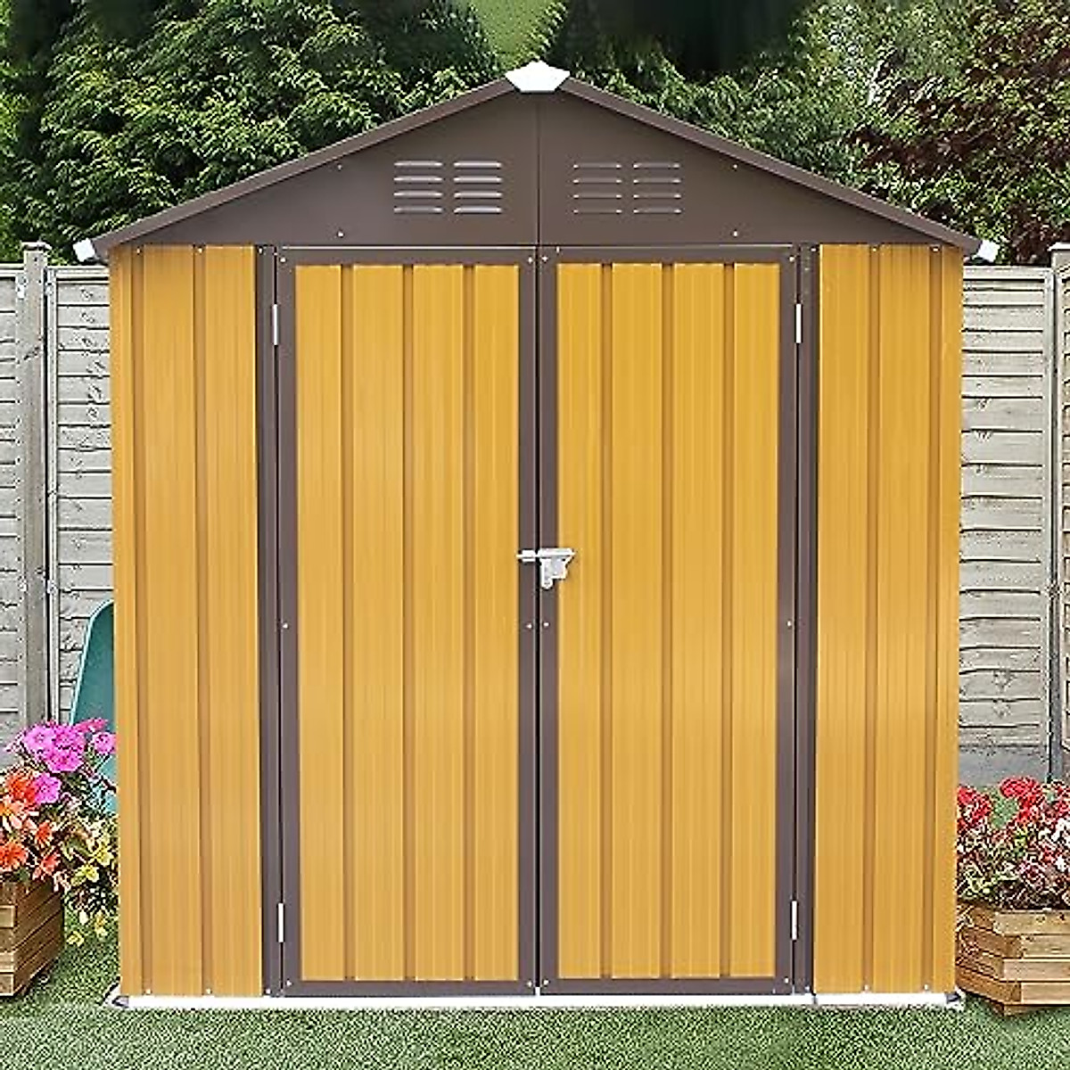 Evedy Storage Shed 6x4ft,Outdoor Storage Shed Organizer,Metal Garden Tool Shed,Outside Sheds & Outdoor Storage Galvanized Steel with Waterproof Roof,Lockable Door for Backyard,Patio,Lawn,Yellow