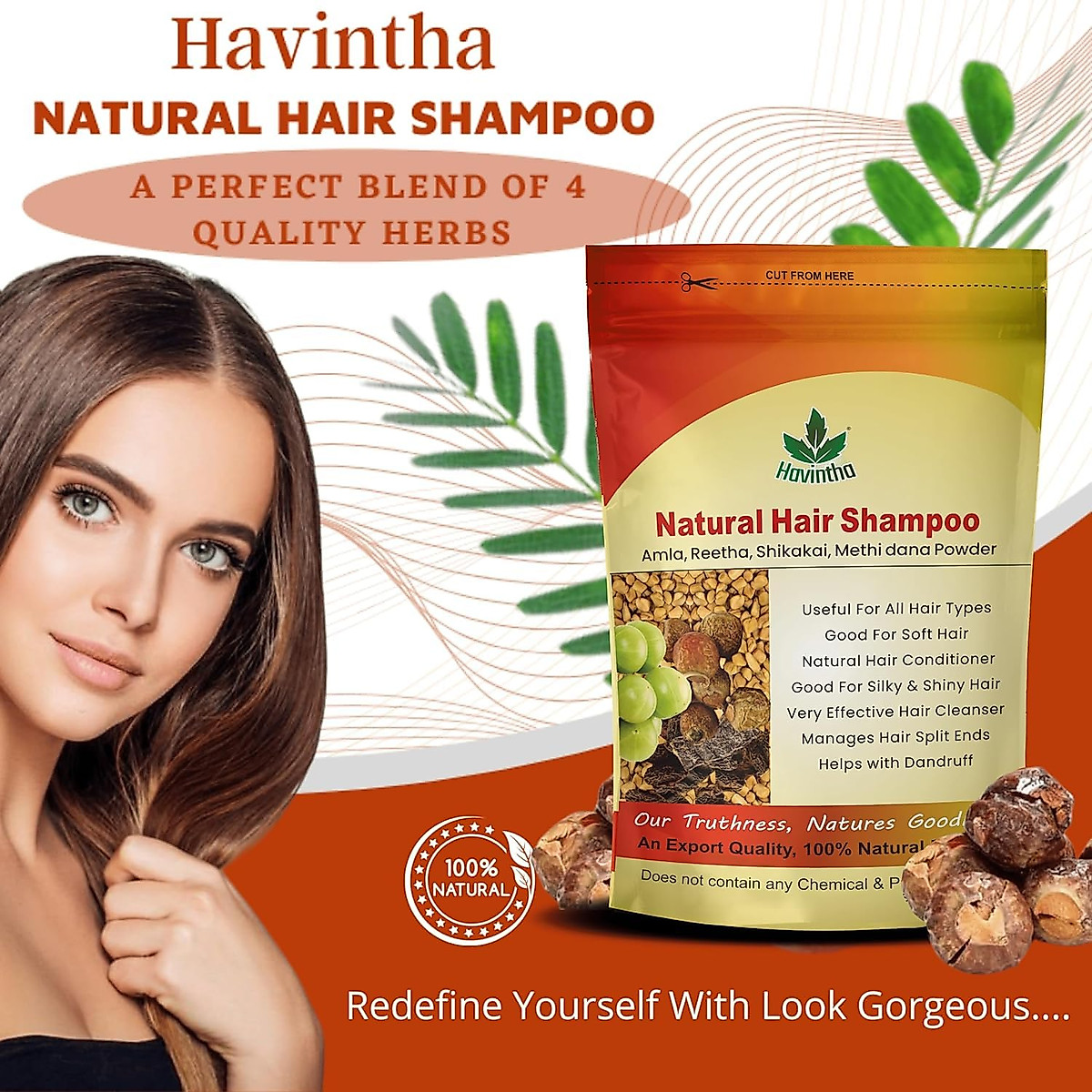 Havintha Natural Hair Shampoo with Amla, Reetha, Shikakai and Methi dana Powder for hair wash - 8 ounce | 0.5 pound | 227 grams (Pack of 1)