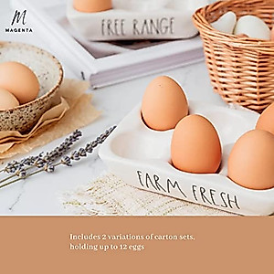 Rae Dunn by Magenta Stoneware Egg Trays - Set of 2 Farmhouse Style Egg Holders Fit 12 Eggs, Hand Lettered "Farm Fresh" and "Free Range"