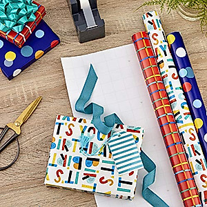 Hallmark Birthday Wrapping Paper Bundle with Cut Lines on Reverse (3-Pack: 55 sq. ft. ttl.) Bright and Holographic Prints and Patterns in Red, Blue, Yellow, White and More