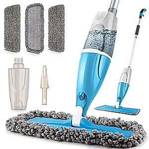 Microfiber Spray Floor Mops for Floors Cleaning, POPTEN 360 Degree Cleaning Kitchen Mop with 640ML Refillable Bottle,3 Washable Mop Pads and 1 Scraper Dust Mop Wet Mop for Laminate,Hardwood,Ceramic