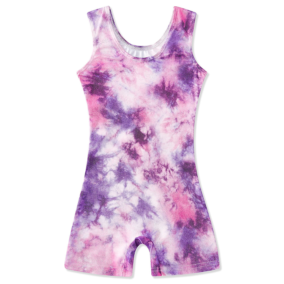 Funnycokid Gymnastics Leotards for Girls Purple Tie Dye Outfits Sparkly Biketards with Shorts Sleeveless Unitards 7-8 Years