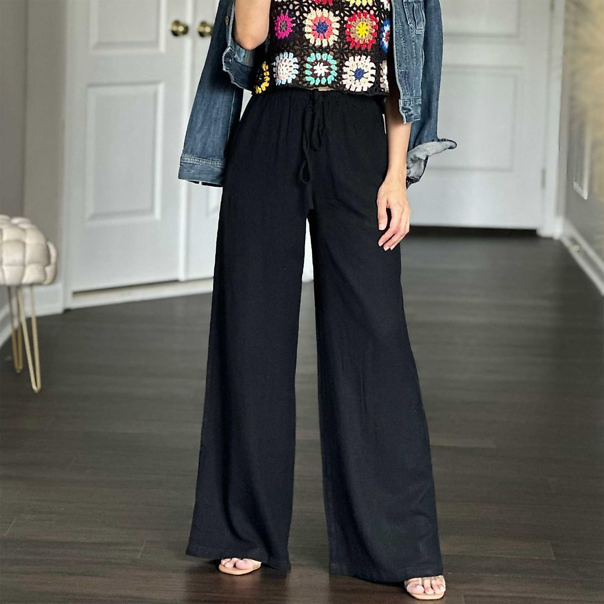 Duyang Womens Cotton Linen Palazzo Pants Drawstring Elastic Waist Casual Wide Leg Trousers with Pockets(Black,XL)