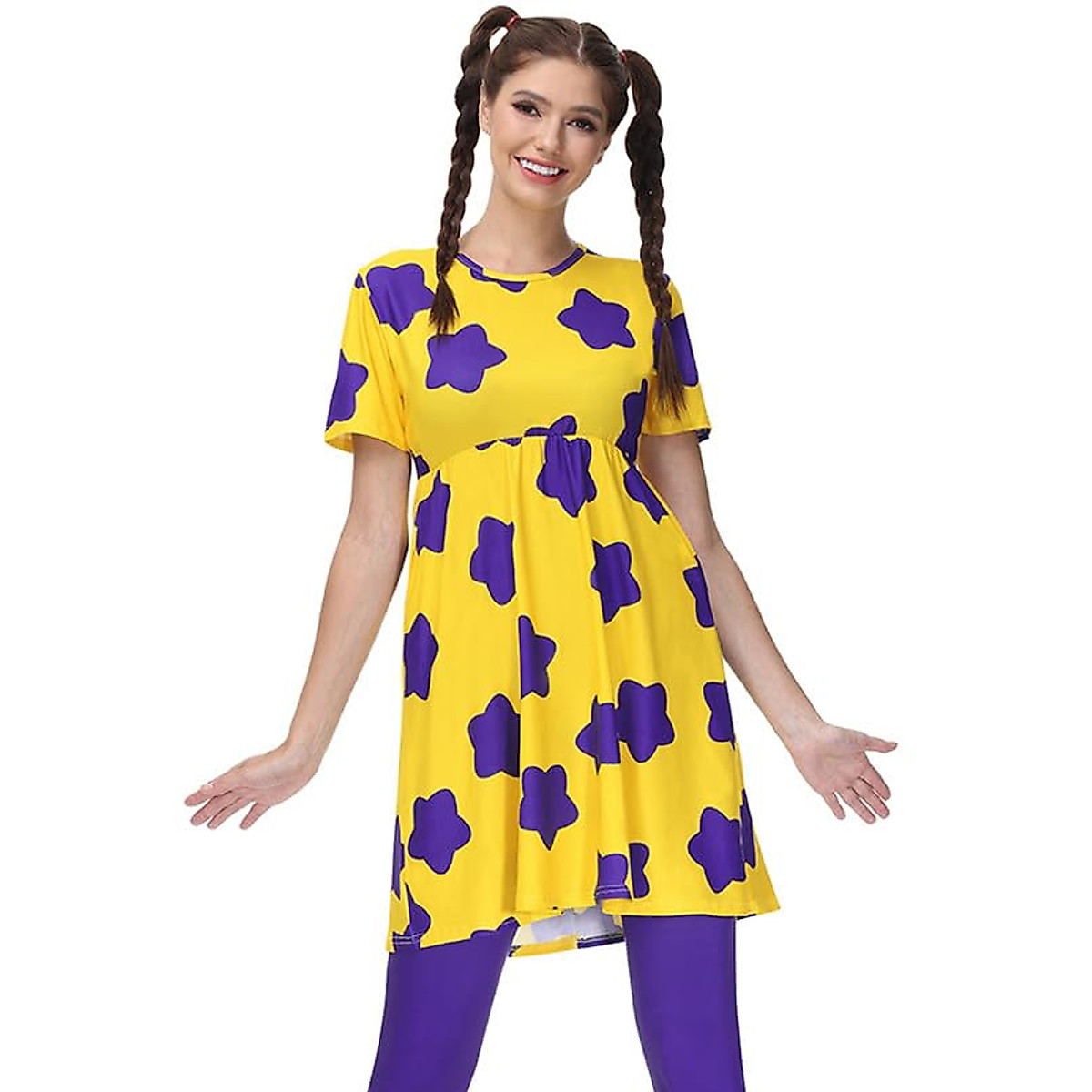 Women's Halloween Short Sleeve High Waist Yellow Dress Round Neck Susei Carmichael Costume with Leggings XL