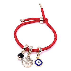 LESLIE BOULES Red Charm Bracelet Saint Michael Archangel Medal Genuine Azabache Stone and Blue Evil Eye Pendant