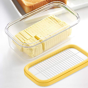 Butter Dish with Lid Rectangle Butter Keeper with Cutter Slicer for Easy Cutting and Storage, Butter Box for Refrigerate Butter Container Butter Case(White + Yellow)