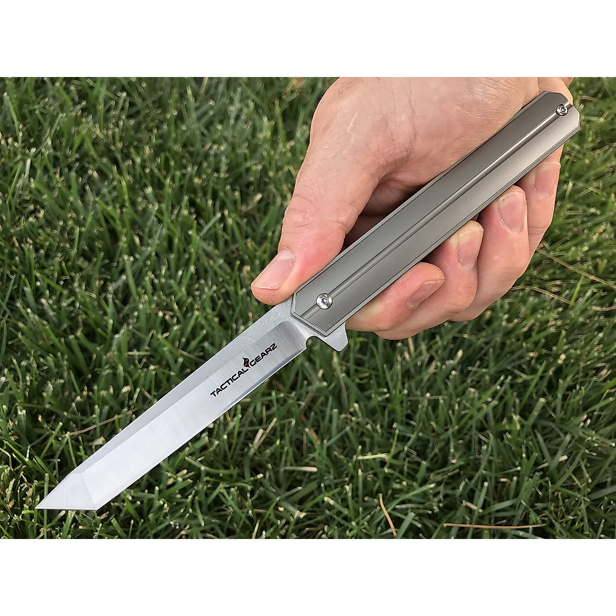 TACTICAL GEARZ Premium Titanium EDC Pocket Knife! Solid Tc4 Titanium Handle! D2 Steel Tanto Blade! Includes Sheath! Seren (Platinum)