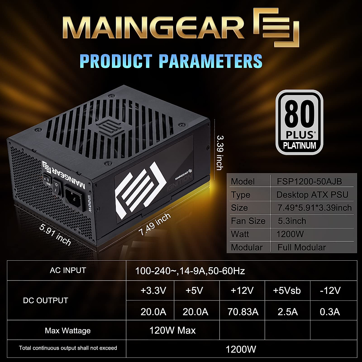 MAINGEAR Ignition Fully Modular Power Supply PC, 1200W, 80 Plus Platinum Certified, SLI Crossfire Ready, FSP1200-50AJB, 10 Year Warrenty