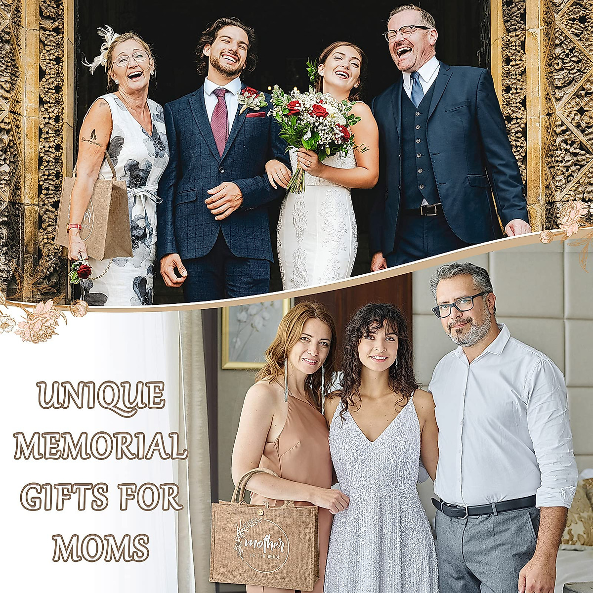 Coume 2 Pcs Mother of the Bride and the Groom Bags Wedding Gift for Guests Tote Bags with Handle Reusable Bridesmaid Gift Bags for Bridal Party Wedding Day (Brown, 15.8 x 11.8 x 5.9'')