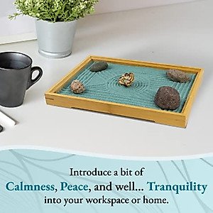 Desktop Tranquility Large Japanese Zen Garden Kit for Home or Office Desk | Office Decor Zen Garden Kit Improves Meditation | Includes Sand Tray, Bamboo Tools, Rocks, and Wooden Flower | 11" x 7.5"