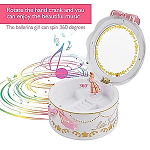 Music Boxes For Girls, Round Music Box for Girls With Mirror, Miniature 360 Degree Rotary Girl And Jewelry Storage Functional Baby Toys(White)