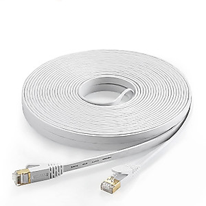 CelerCable - Flat Ethernet Cable Shielded(STP) Cat7 100ft with Snagless RJ45 Connectors, Long Slim Network Cable Flat Cat 7 Ethernet Patch Cable, Internet Patch Cable Computer Networking Cord (White)