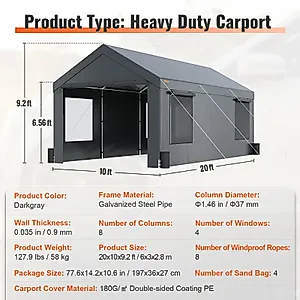 VEVOR Carport, 10x20 ft Heavy Duty Portable Garage with Roll-up Windows & Removable Sidewalls, UV Resistant Waterproof All-Season Car Canopy for SUV, Car, Truck, Boat