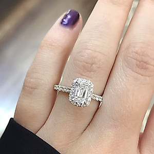 Emerald Cut Engagement Rings for Women White Gold 1.00 Carat Moissanite Halo Engagement Ring 10K 14K 18K Gold Platinum Plated Silver Anniversary Promise Wedding Rings with Text Engraving Size 4-12(14K)