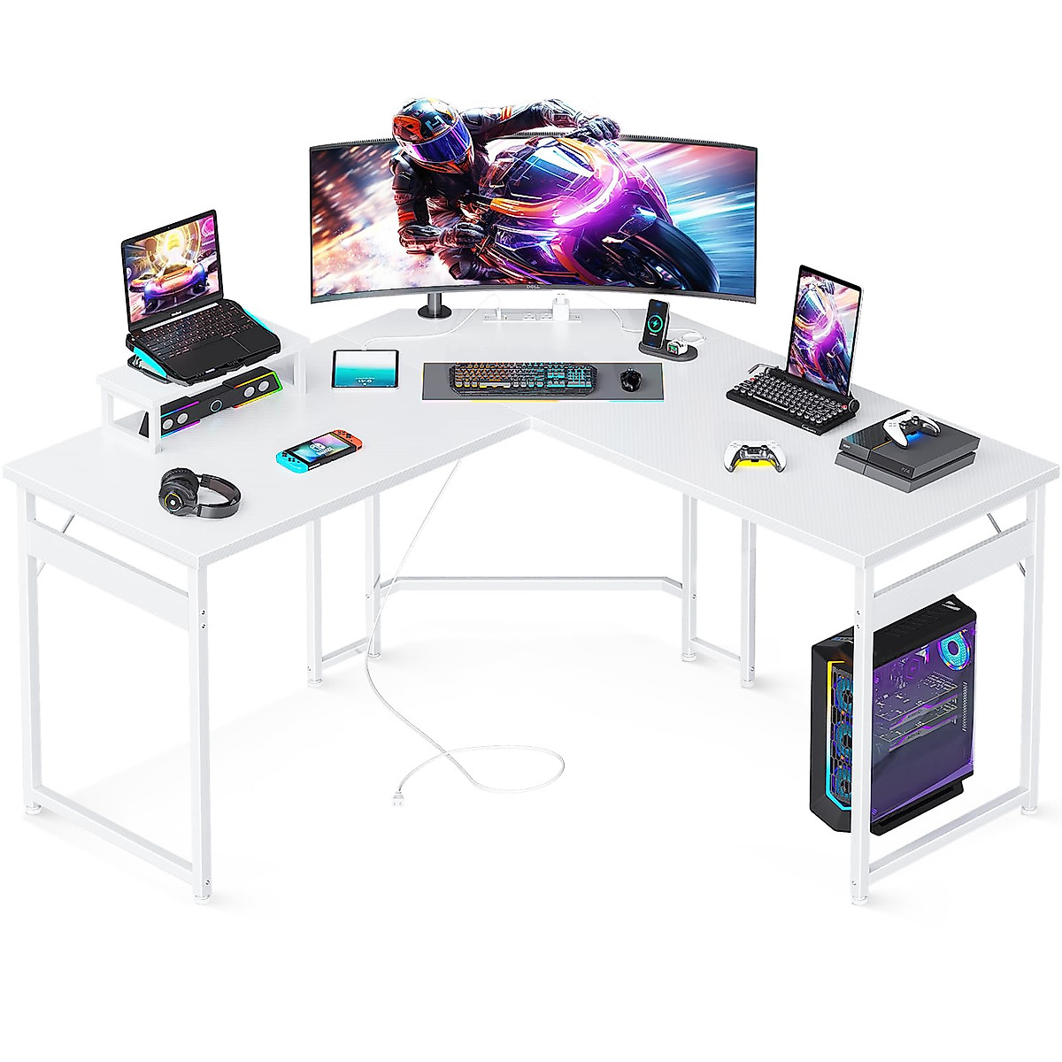 Casaottima L Shaped Gaming Desk, Corner Desk Gaming Table with Monitor Stand for Home Office, Computer Desk for Small Space, White