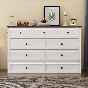 Harper & Bright Designs Full Size Murphy Bed, Solid Pine Murphy Bed Chest with Charging Station and Large Storage Drawer for Home Office or Small Room, White+Walnut