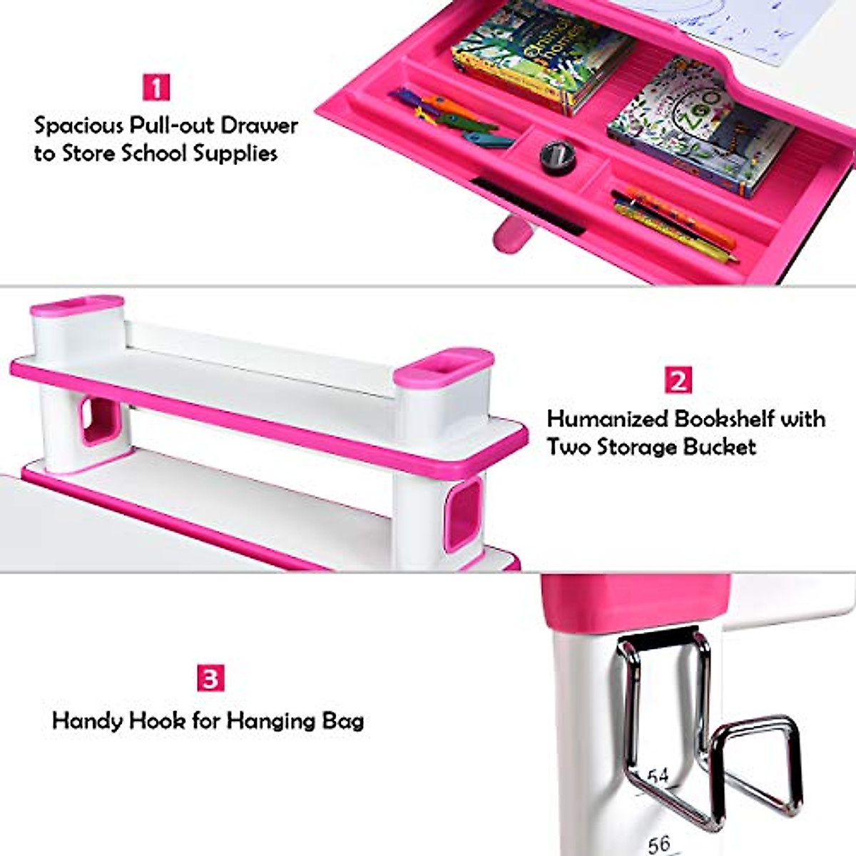 BABY JOY Kids Desk and Chair Set, Height Adjustable, Student Study Table with Storage Drawer, Bookshelf and Tilted Desktop, Children Writing Table for Studying, Reading and Drawing (Pink)