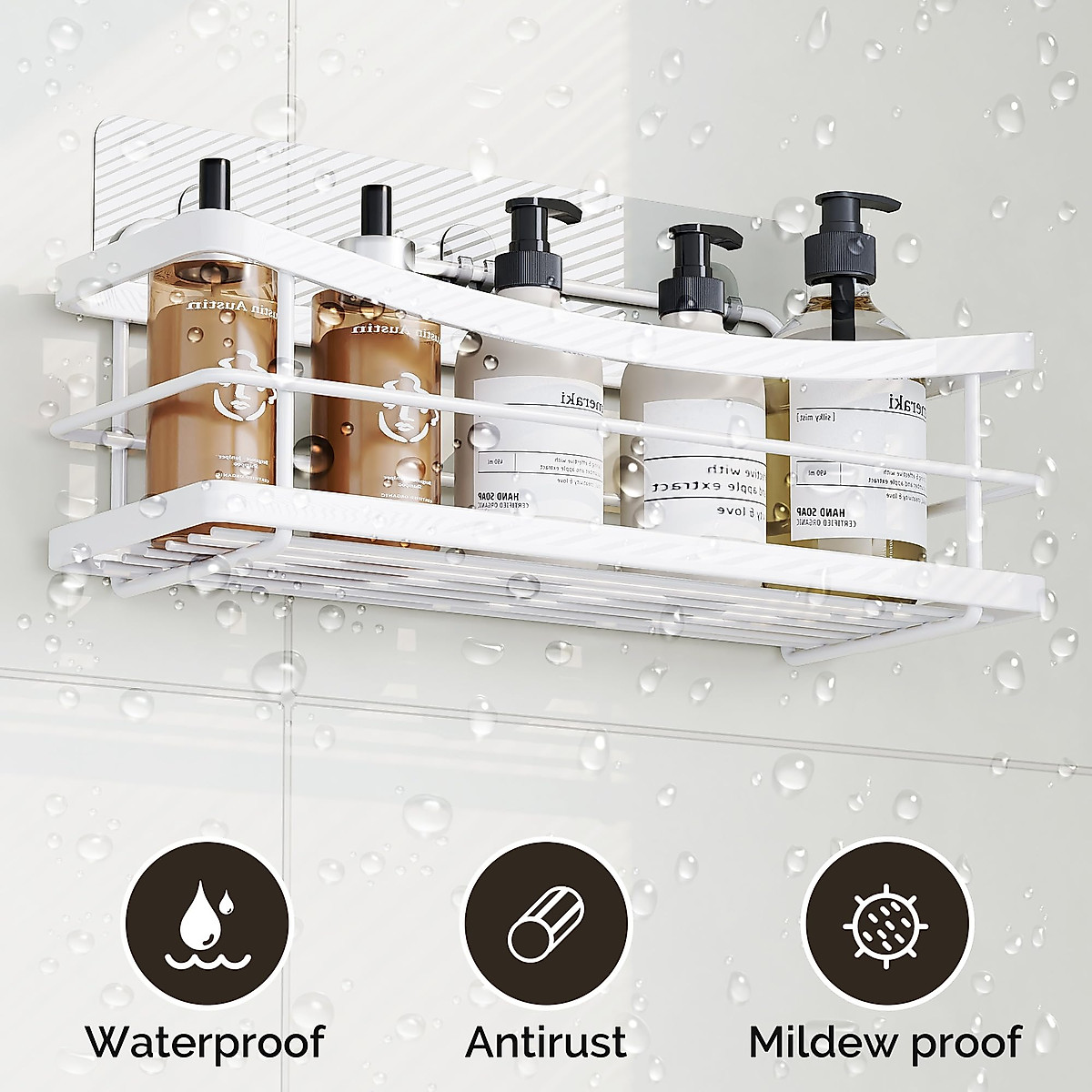 Orimade Adhesive Shower Caddy Shelf with Hooks Organizer Storage Rack Rustproof Wall Mounted Stainless Steel No Drilling for Bathroom, Toilet, Kitchen - 3 Tier, White