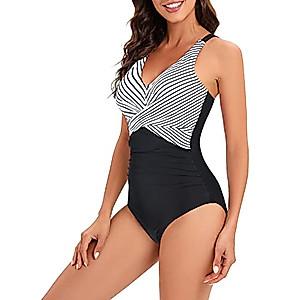 One Piece Bathing Suit for Women Front Cross Athletic Tummy Control Swimsuits V Neck Slimming Swimwear Black White Stripes M
