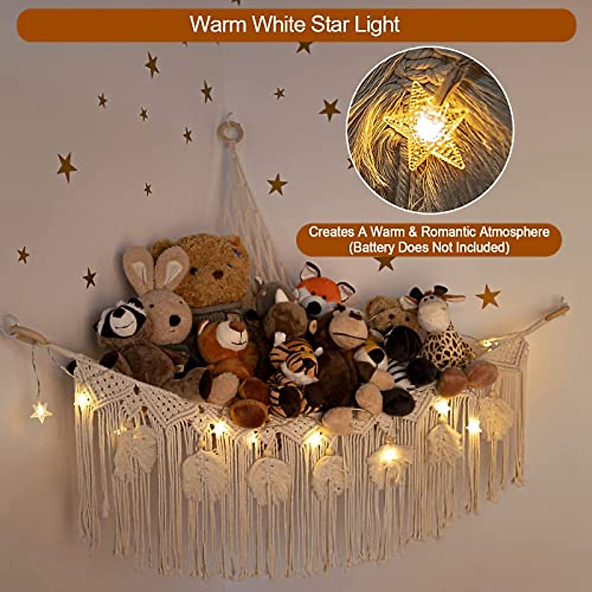 Macrame Stuffed Animal Toy Net Hammock with Star Light, Small Plushies Boho Storage for Nursery Room, Large Corner Wall Hanging Organizer for Kids, Bohemian Woven Decor Display Holder for Girls Boy