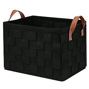 Collapsible Storage Basket Bins, Foldable Handmade Rectangular Felt Fabric Storage Box Cubes Containers with Handles- Large Organizer For Nursery Toys,Kids Room,Towels,Clothes, Black （16"x11.8"x11.5"）