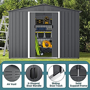 Incbruce 6X8 Ft Outdoor Storage Shed, Double Sloping Roof Metal Shed, Garden Storage Shed with Sliding Door, Metal Shed Kit with Double Doorknobs and Air Vents (Grey)