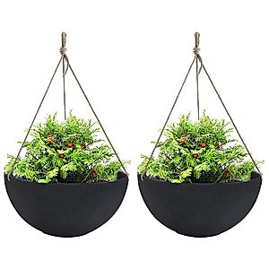 LA JOLIE MUSE Hanging Planters for Outdoor Plants, Large Hanging Planter with Drain Holes, Black Hanging Flower Pots (13.2 Inch, Set of 2)