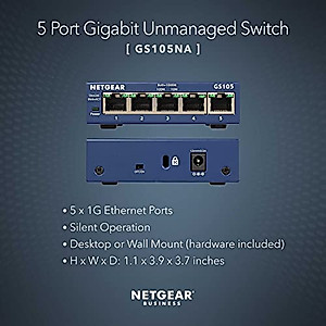 NETGEAR 5-Port Gigabit Ethernet Unmanaged Switch (GS105NA) - Desktop or Wall Mount, and Limited Lifetime Protection,Gray