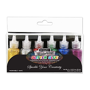 BAZIC Products 6 Color Glitter Glue Set 20 Milliliter Bottles - Classic Colors - Green, Gold, red, Silver, Blue, and Purple