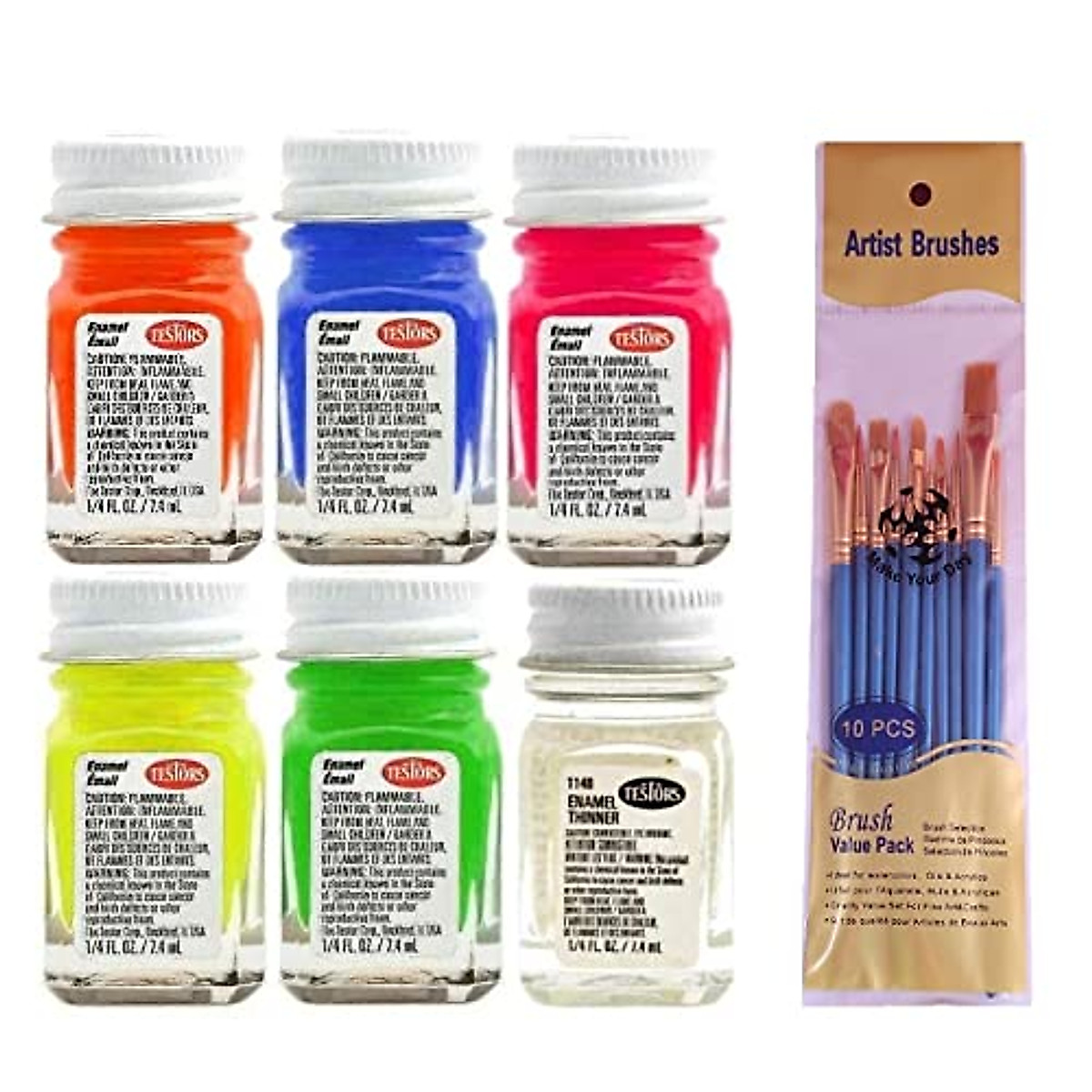 Testors Fluorescent Enamel Paint Variety, Orange, Yellow, Blue, Pink, Green, and Thinner 1/4 oz (Pack of 11) - with Make Your Day Paintbrushes