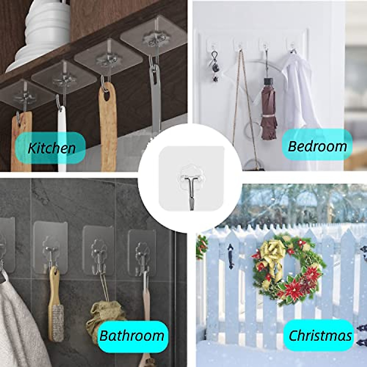 JEETAO Adhesive Hooks for Hanging Wall Hooks 22lbs(Max) Haning Hooks Transparent Reusable Seamless Hooks, Strong Bathroom Kitchen Hooks,24 Pack