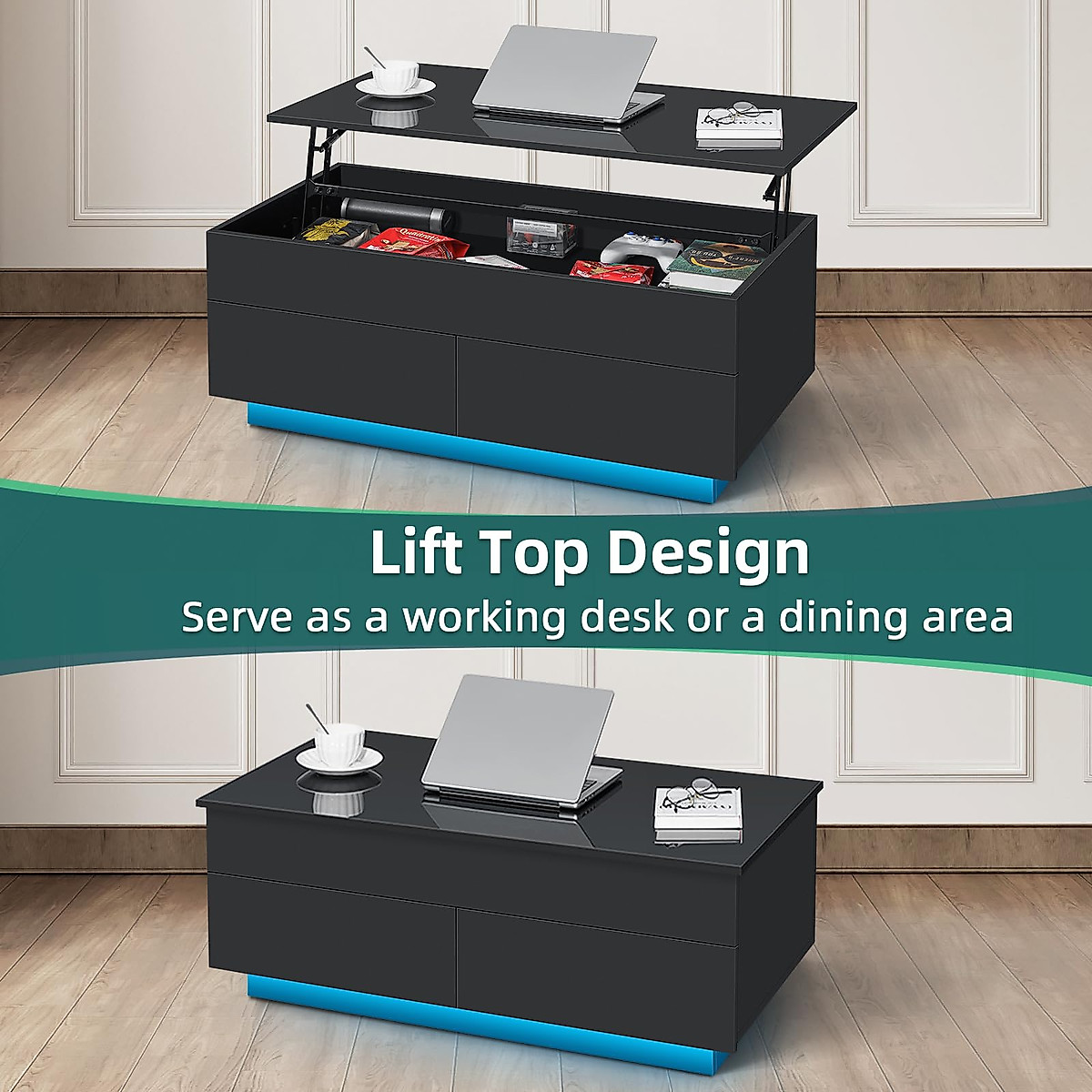 HOMMPA 40'' Lift Top Coffee Table for Living Room, Black Coffee Tables with Storage, LED Modern Coffee Table Rectangular Black Gloss, Flip Top Center Table with 2 Drawers and Hidden Compartment