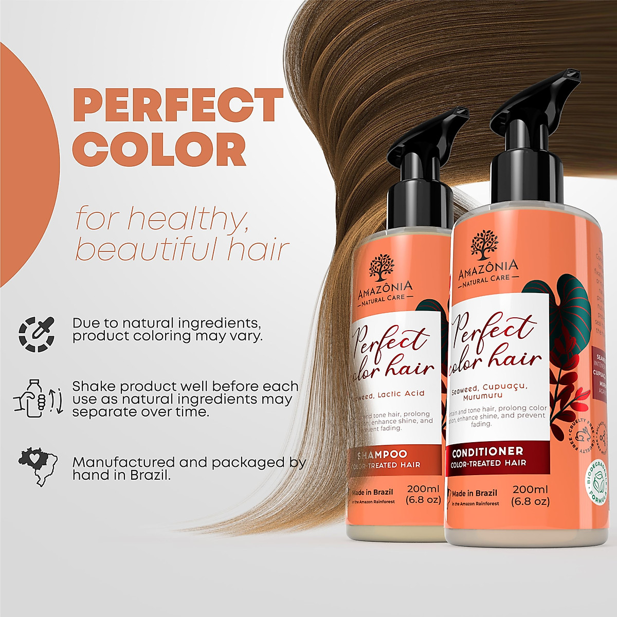All Natural Color Shampoo and Conditioner for Color Treated Hair With Seaweed, Lactic Acid, Cupuacu & Murumuru to Prevent Fading & Intensify Vibrancy 6.8oz