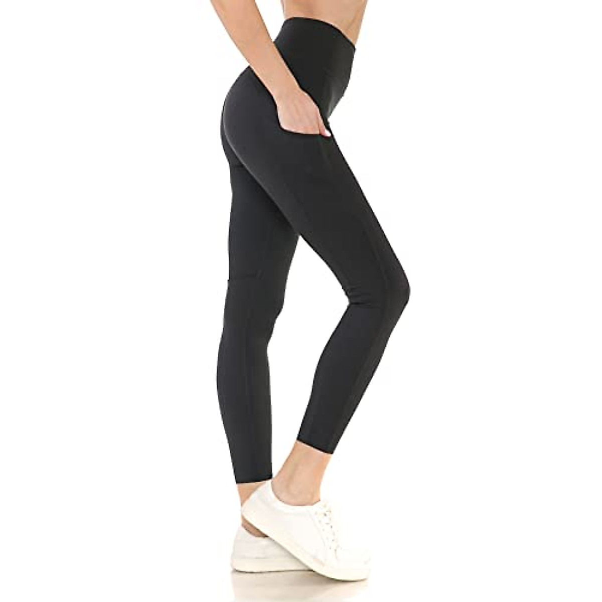 Leggings Depot High Waist 7/8 Leggings Workout Yoga Pants with Pockets (Black, Large)