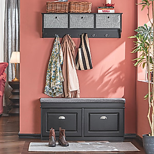 Haotian Wall Shelf with Hooks, Coat Rack Wall Mount with Shelf Entrywall Storage Cabinet Unit with 3 Baskets 5 Hooks, Black, FRG282-SCH