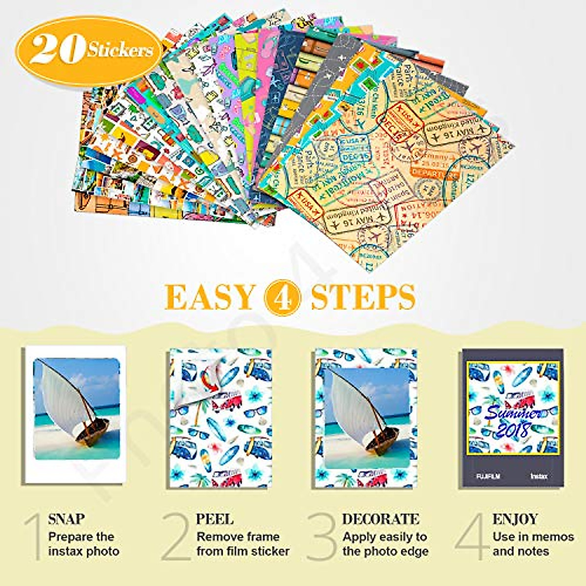 3X Fujifilm instax Mini Instant Film (60 Exposures) + 20 Sticker Frames for Fuji Instax Prints Travel Package