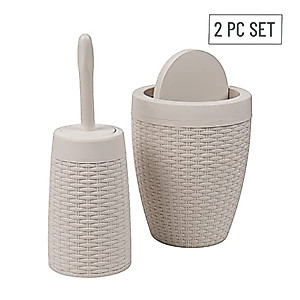 Mind Reader Basket Collection, Round Wastepaper Basket and Toilet Brush Set, Premium Wicker Design, 2 Piece Set, Swivel Lid Bin is 8.75"W x 11.25"H, Brush is 15.25"H, 8.75"L x 8.75"W x 11.25"H, Ivory