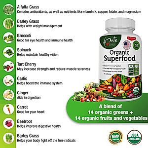 Organic Superfood Greens Fruits and Veggies Complex - Best Dietary Supplement with 14 Greens and 14 Fruits & Vegetables with Alfalfa Rich in Antioxidants Organic Ingredients Non-GMO 60 Tablets