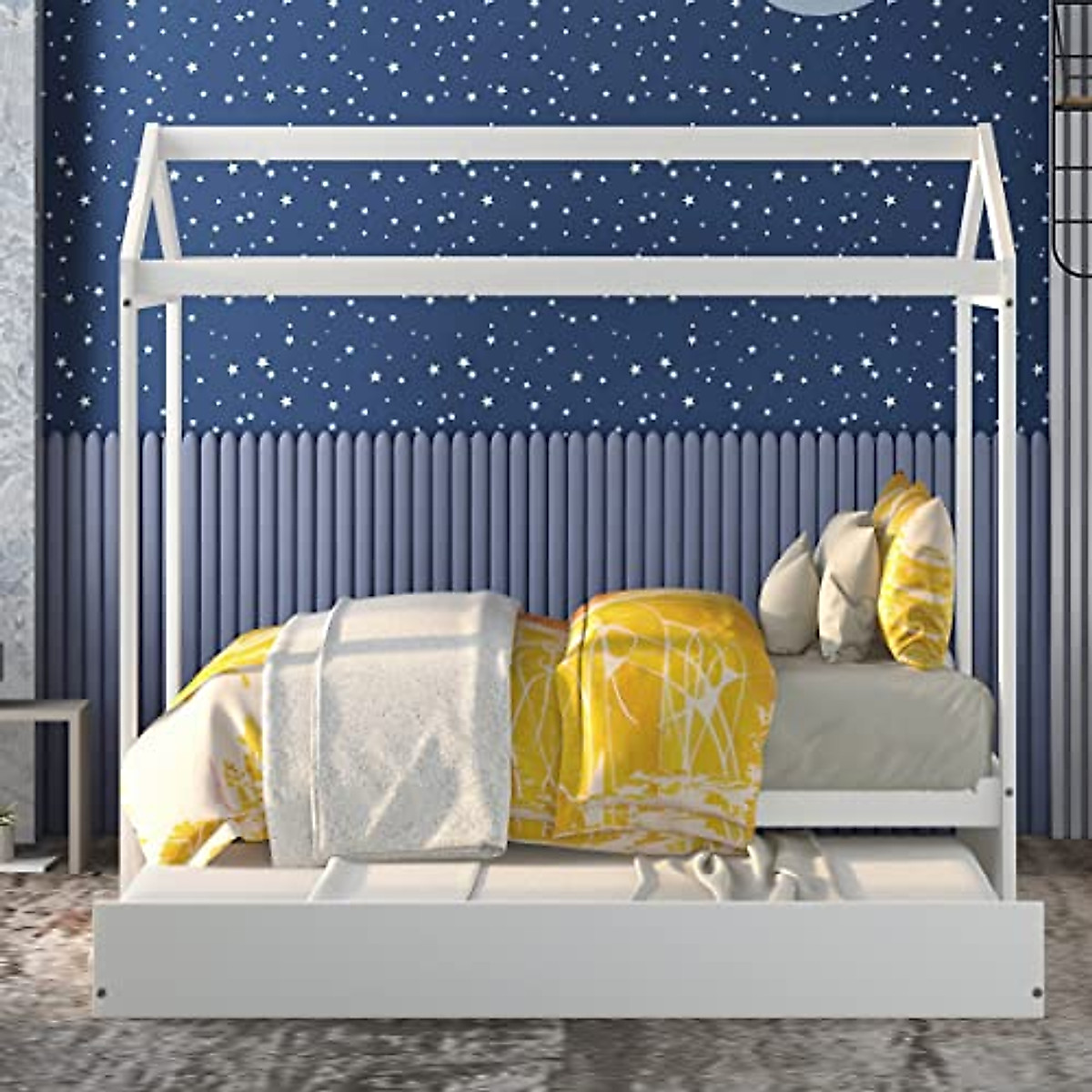 House Bed with Trundle for Kids and Toddlers, Wood Twin Size House Bed Frame, Can Be Decorated, White