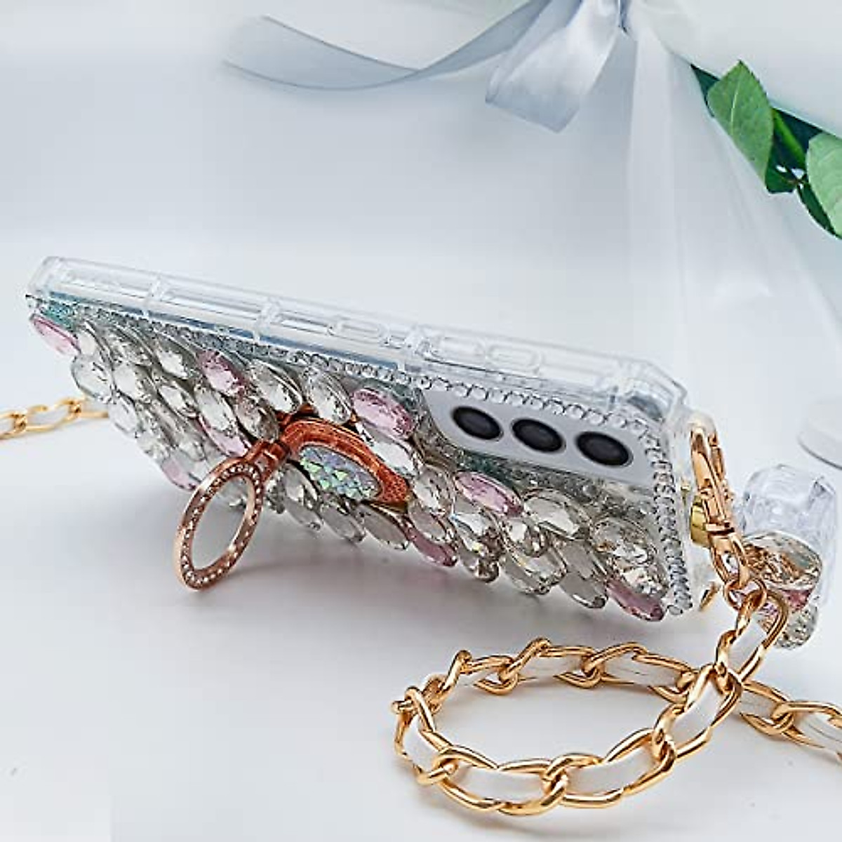 Losin Compatible with Galaxy S23 Bling Case Luxury 3D Perfume Bottle Phone Case Glitter Sparkle Crystal Rhinestones Diamond Gemstone Ring Stand Kickstand Crossbody Lanyard Strap for Women Girls, Pink