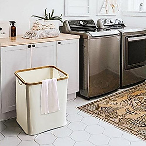 Naturoom 60L Bamboo Storage Basket | Laundry Hamper, Folding Bamboo Frame Fabric Shelf Basket With Handles, Large Cube Organizer For Bathroom, Bedroom Dirty Clothes/Towels/Blankets/Toys Storage Bin