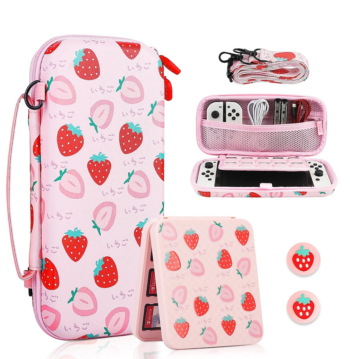FANPL Carrying Case for Nintendo Switch & Switch OLED, Pink Cute Strawberry Travel Hard Protectiv Case for Switch with Adjustable Shoulder Strap, Game Case, Thumb Grips - Super soft plush lining