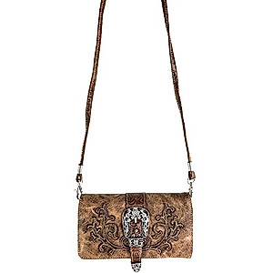 Justin West Western Studded Rhinestone Buckle Laser Cut Studded Shoulder Tote Handbag Purse Wristlet Wallet (Brown Purse and Wallet Set)