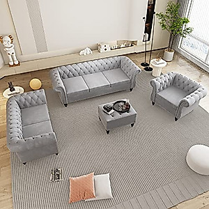 PHOYAL 3 Piece Living Room Set, Chesterfield Velvet Sofa Loveseat Couch Chair with Scroll Arms and Nailhead for Living Room, Office (Grey, 1-2-3)